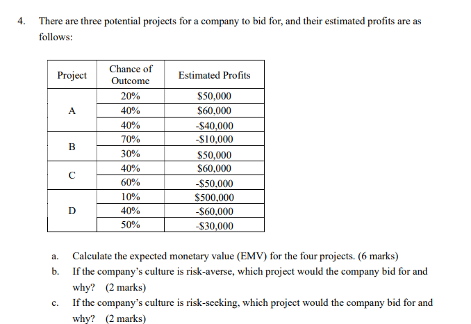 Solved 4. There are three potential projects for a company | Chegg.com