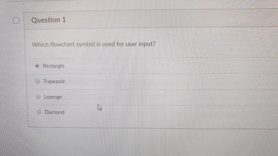 Solved Question 1 Which flowchart symbol is used for user | Chegg.com