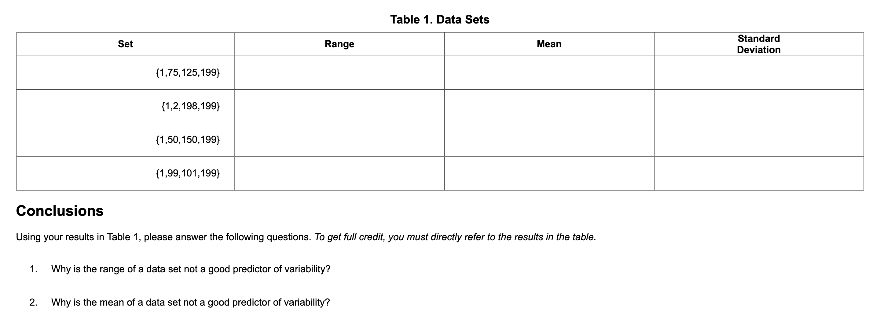 Solved Conclusions Using your results in Table 1, please | Chegg.com