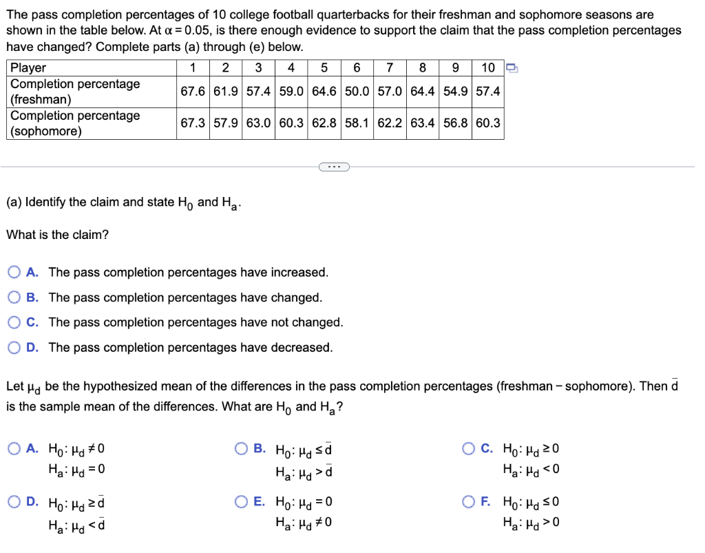 Solved The pass completion percentages of 10 college | Chegg.com
