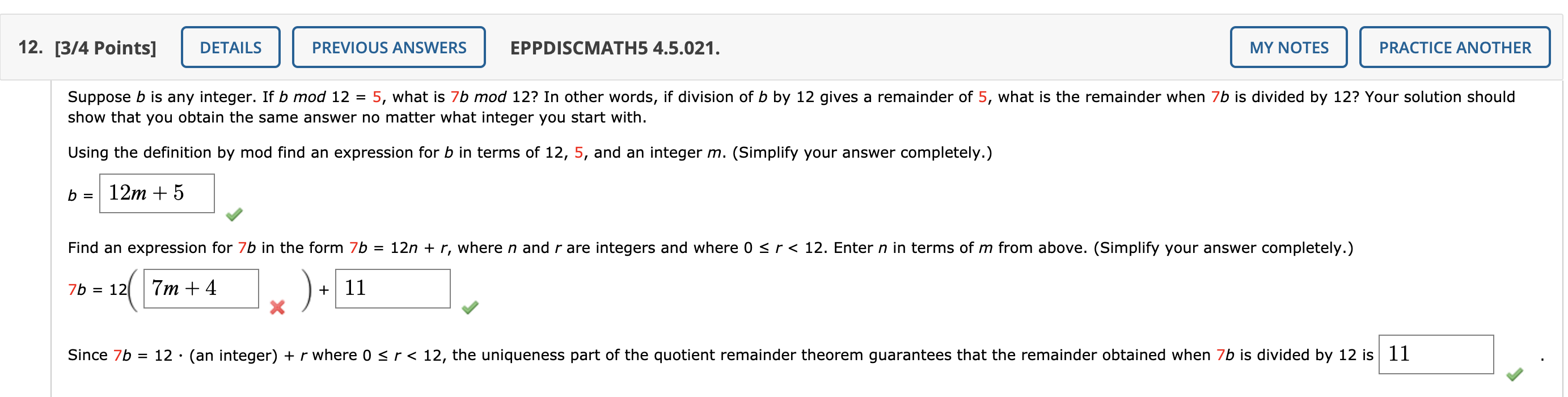 Solved 12. [3/4 Points] DETAILS PREVIOUS ANSWERS | Chegg.com
