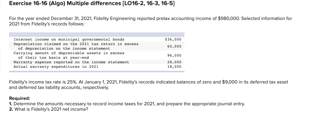 Solved Exercise 16-16 (Algo) Multiple differences (L016-2, | Chegg.com