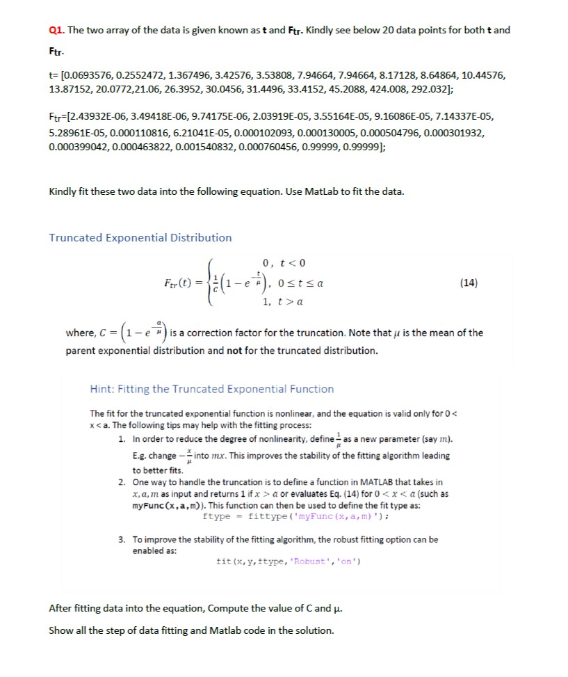 Solved Q1. The two array of the data is given known as t and | Chegg.com