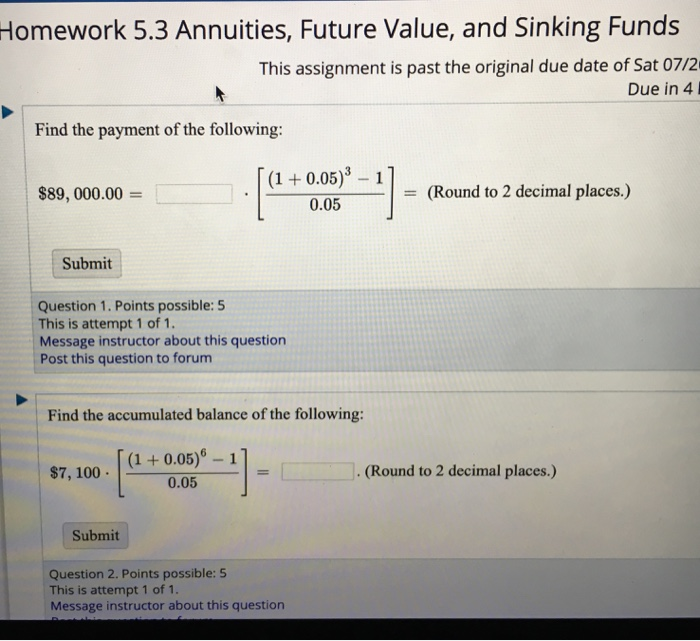 Solved Homework 5.3 Annuities, Future Value, and Sinking | Chegg.com