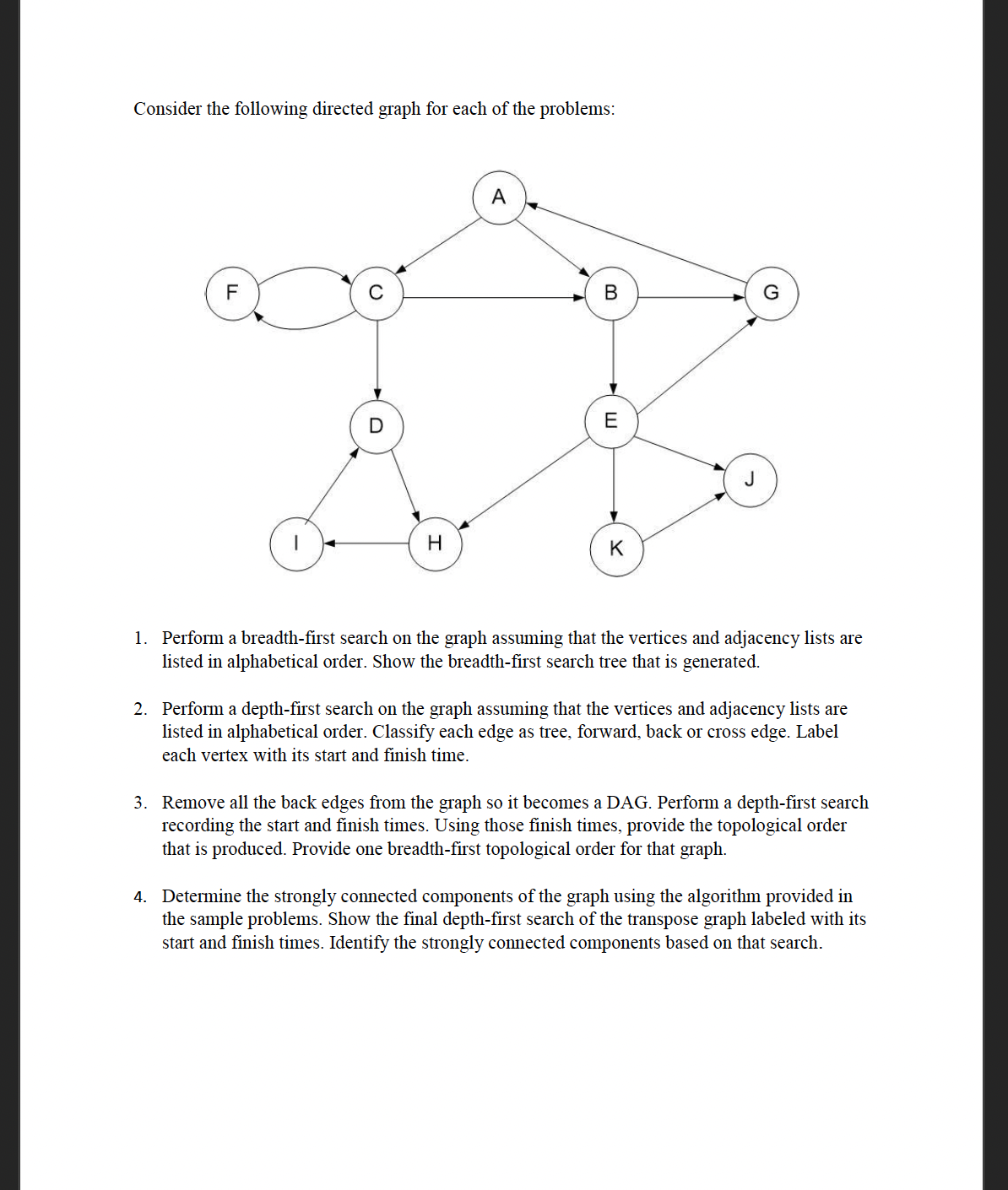 Solved Consider the following directed graph for each of the | Chegg.com