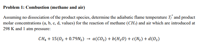 Solved Problem 1: Combustion (methane and air) Assuming no | Chegg.com