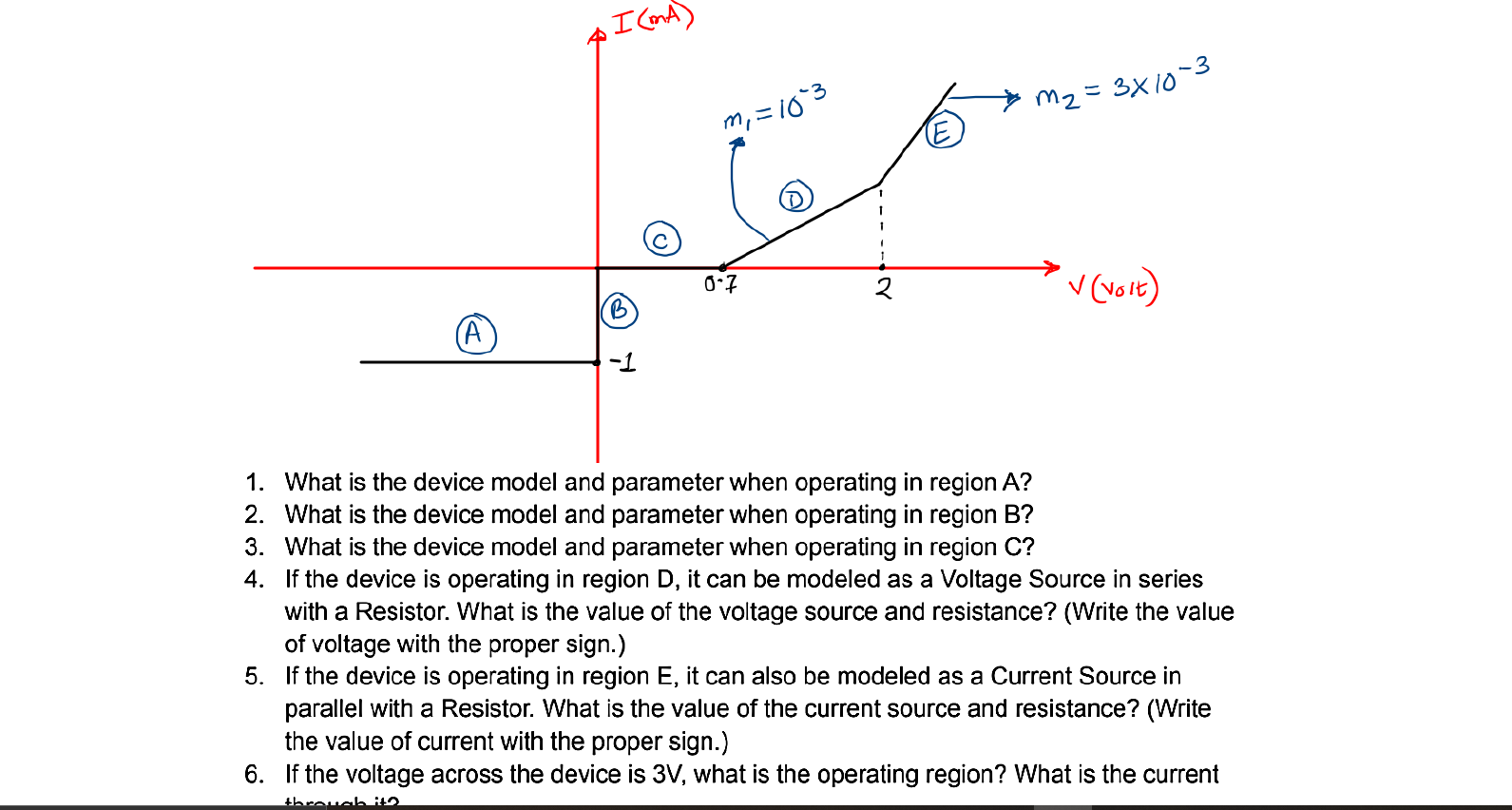 Solved & I (mA) I m2 = 3x10-3 m=1093 0.7 2 V (volt) B (A) 1 | Chegg.com