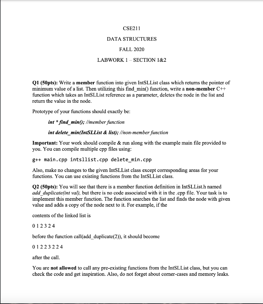 CSE211 DATA STRUCTURES FALL 2020 LABWORK 1 -SECTION | Chegg.com