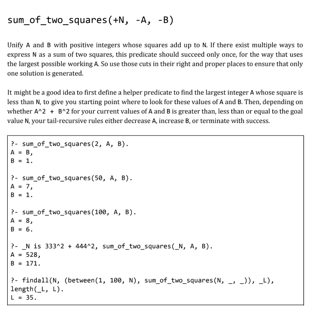 Solved sum_of_two_squares (+N, -A, -B) Unify A and B with | Chegg.com
