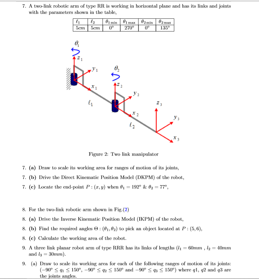 7. A two-link robotic arm of type RR is working in | Chegg.com