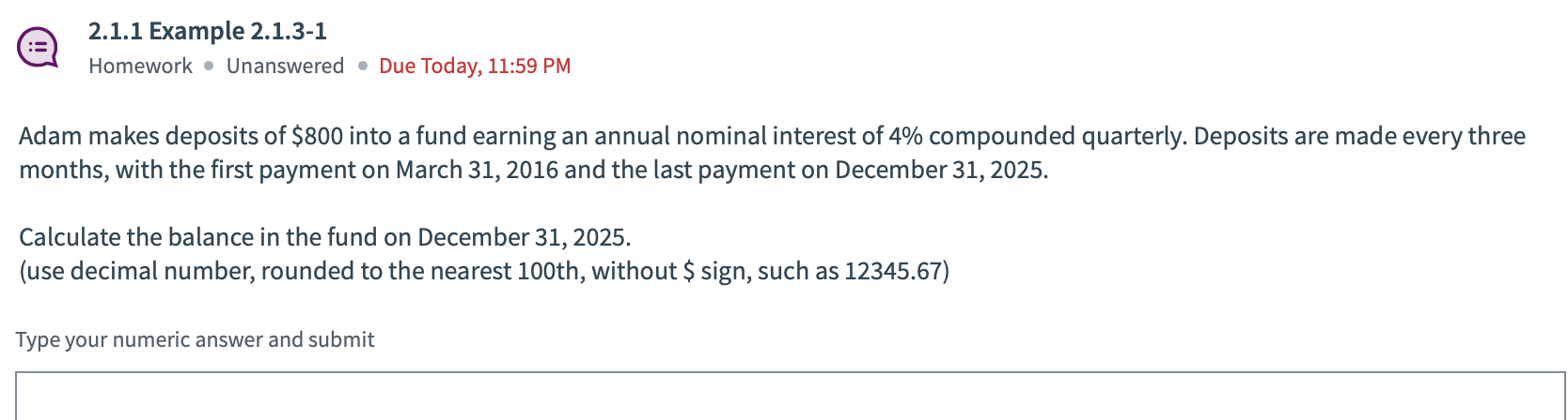 Solved 2.1.1 Example 2.1.3-1 Homework - Unanswered - Due | Chegg.com
