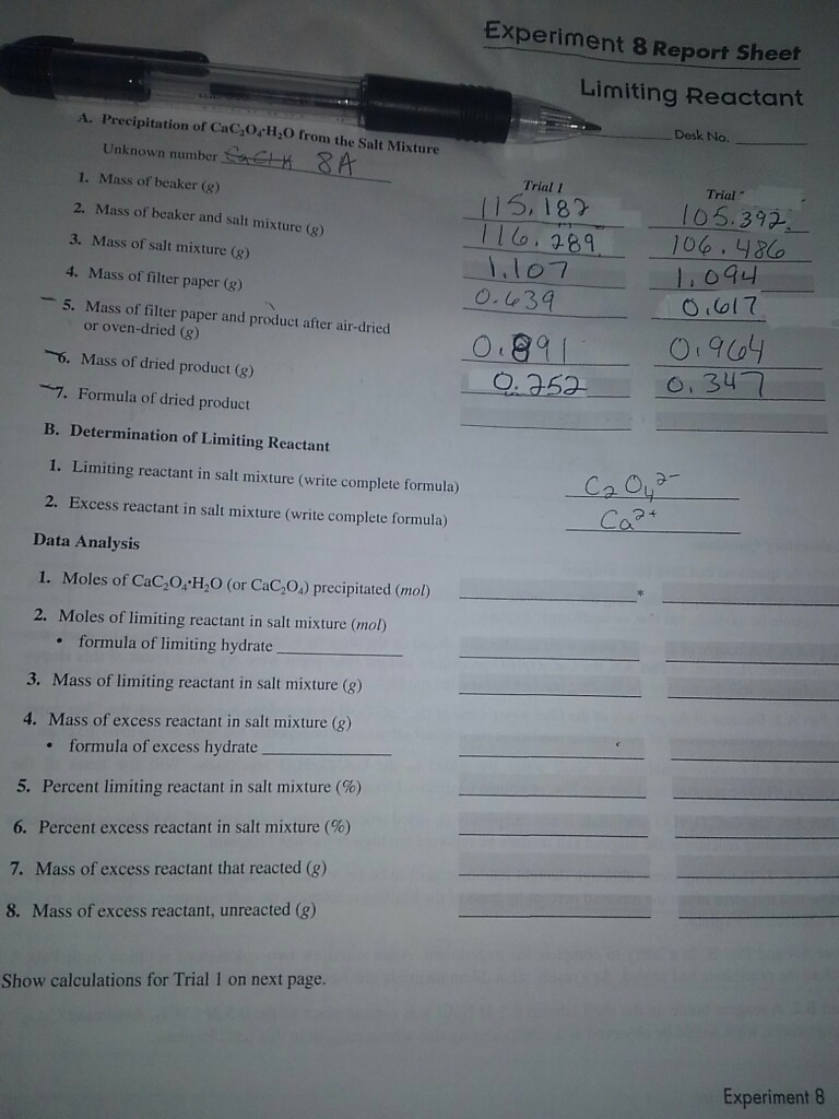 Experiment 8 Report Sheef Limiting Reactant Desk No. | Chegg.com
