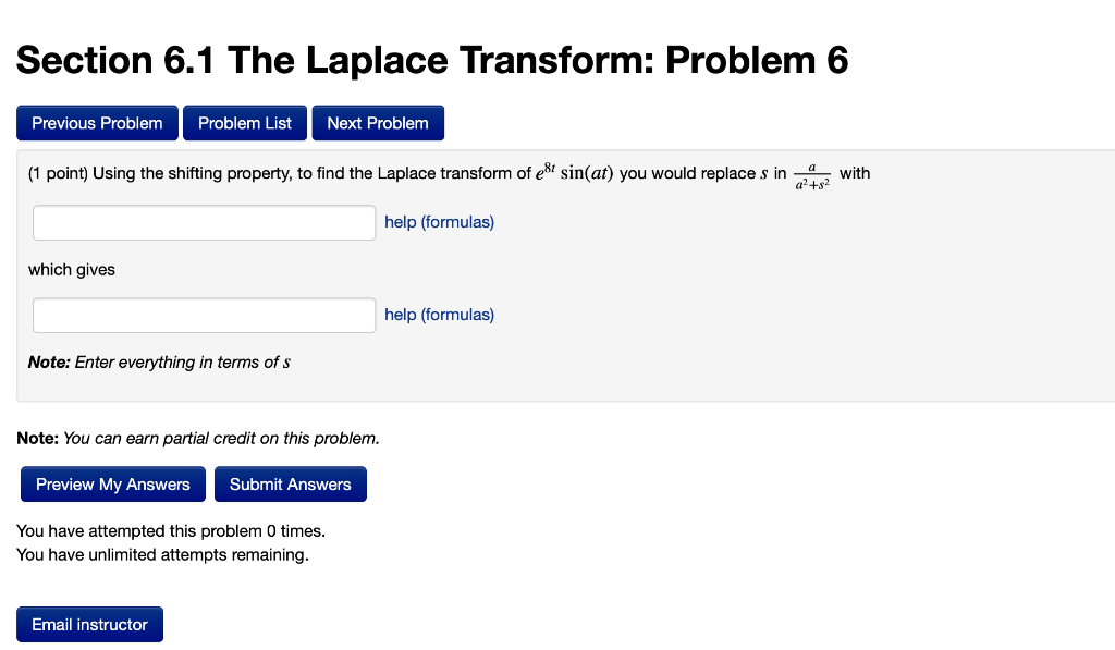 Solved Section 6.1 The Laplace Transform: Problem 6 Previous | Chegg.com