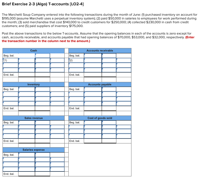 Solved Brief Exercise 2-3 (Algo) T-accounts [LO2-4] The | Chegg.com