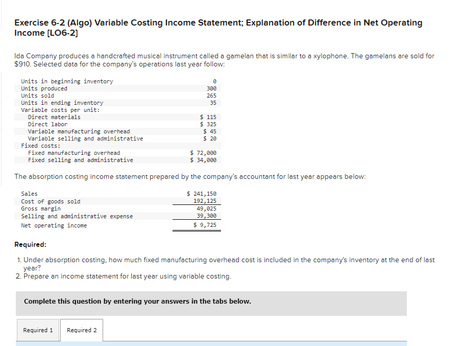 Solved Exercise 6 2 Algo Variable Costing Income