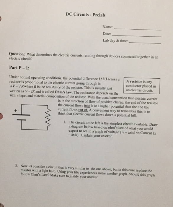 Solved DC Circuits - Prelab Name: Date: Lab day & time:- | Chegg.com