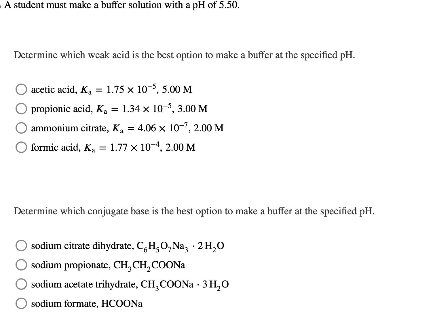 Solved A student must make a buffer solution with a pH of | Chegg.com