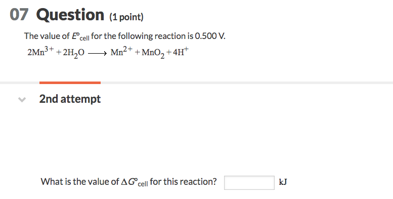 Solved 07 Question (1 point) The value of Ecell for the | Chegg.com