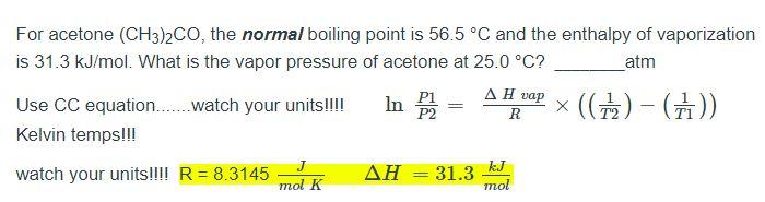Solved For acetone (CH3)2CO, the normal boiling point is | Chegg.com