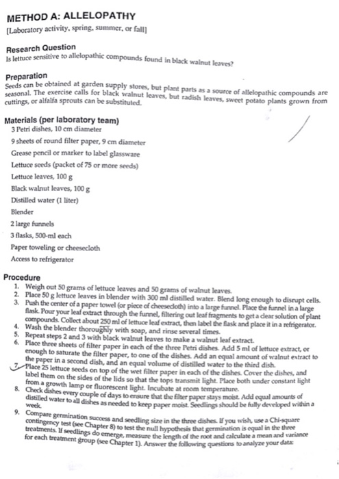 METHOD A: ALLELOPATHY [Laboratory activity, spring. | Chegg.com