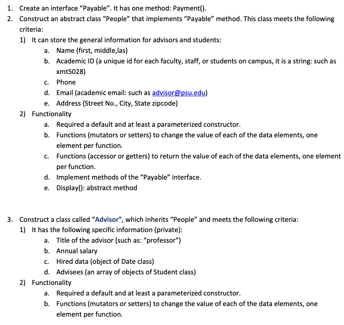 Solved 1. Create an interface "Payable". It has one method: | Chegg.com