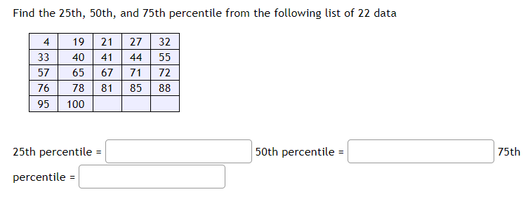 Solved Find the 25 th, 50 th, and 75 th percentile from the | Chegg.com