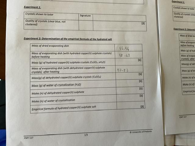 Experiment 2: Determination of the empirical formula | Chegg.com
