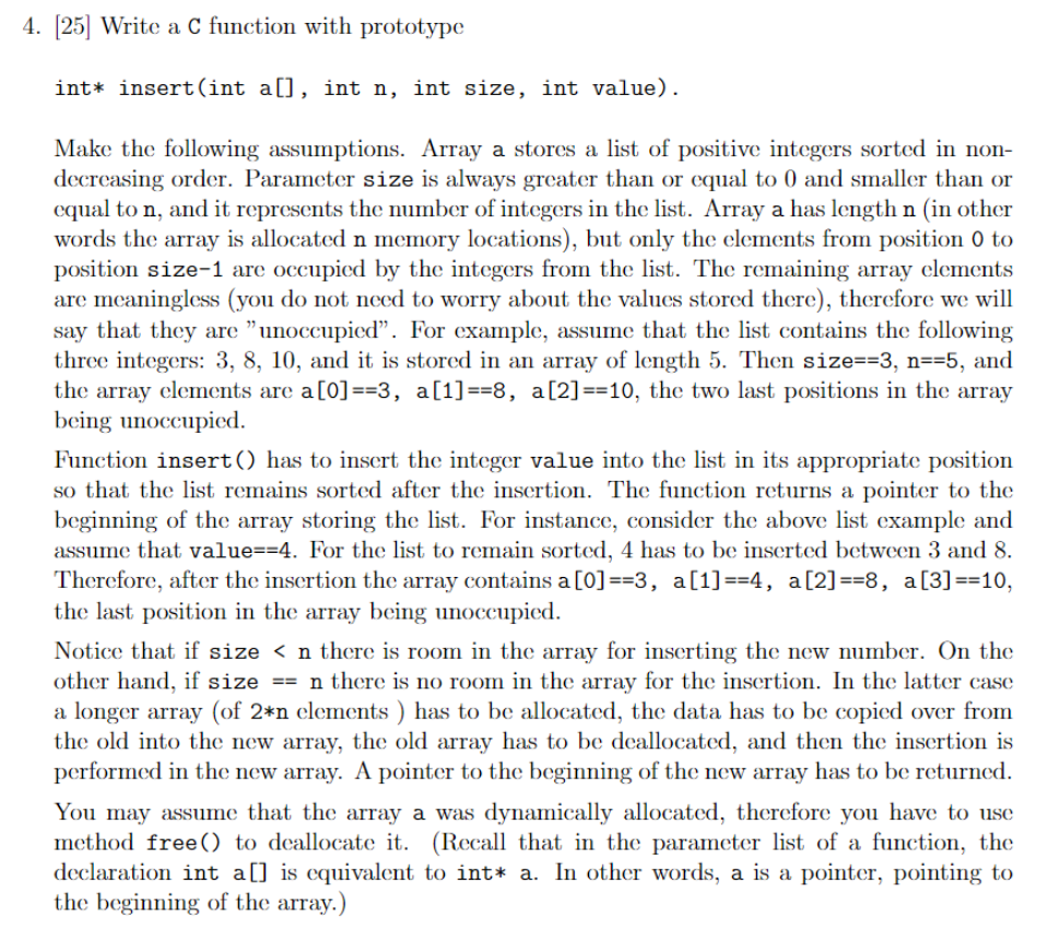 Solved 4. [25] Write a C function with prototype int* | Chegg.com