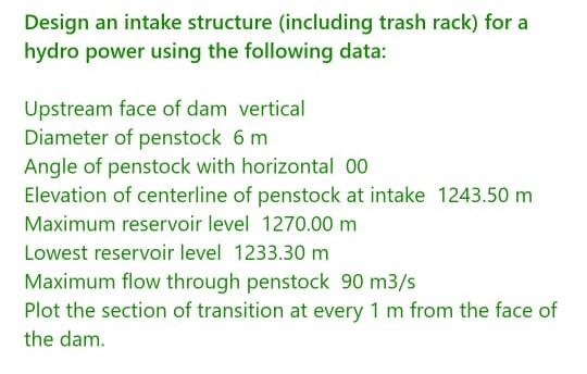 Solved Design an intake structure (including trash rack) for | Chegg.com