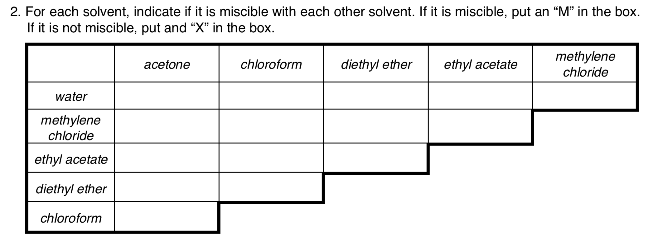 Solved 2. For each solvent, indicate if it is miscible with | Chegg.com