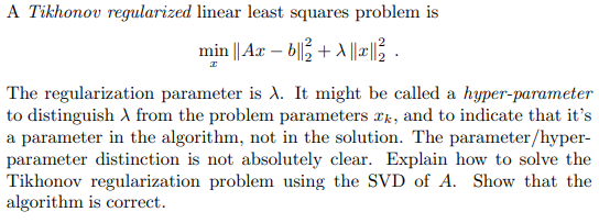 A Tikhonov regularized linear least squares problem | Chegg.com