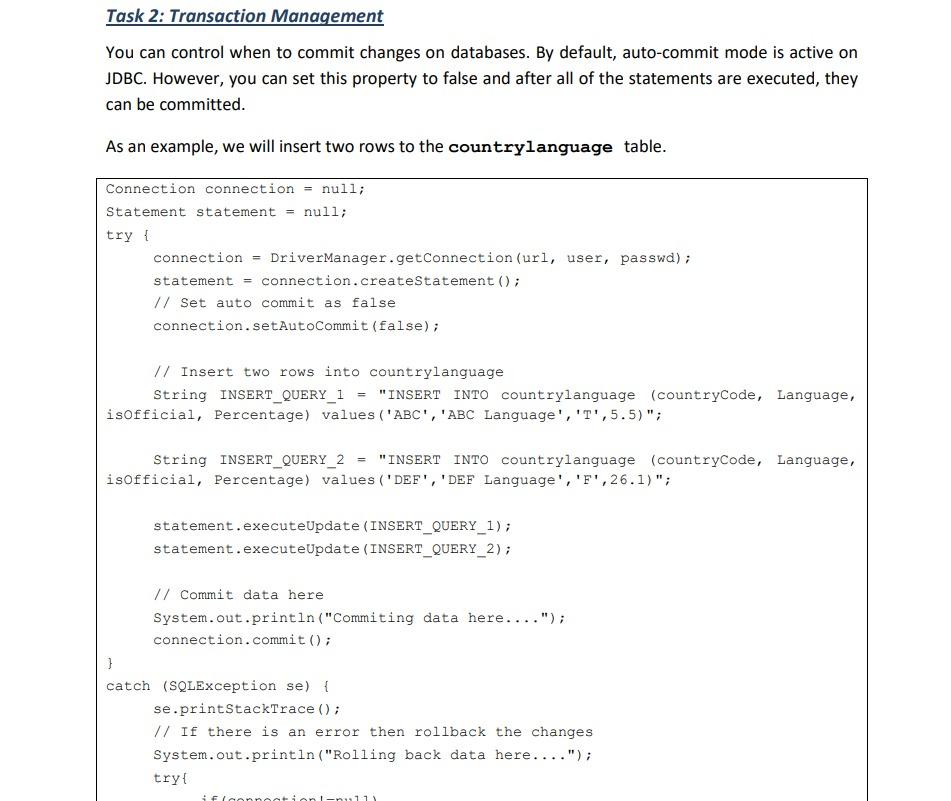 Task 2: Transaction Management You can control when | Chegg.com