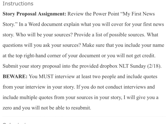 Instructions Story Proposal Assignment: Review the | Chegg.com