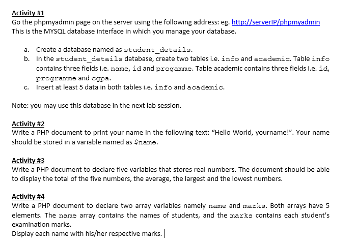 Solved Activity #1 Go the phpmyadmin page on the server | Chegg.com