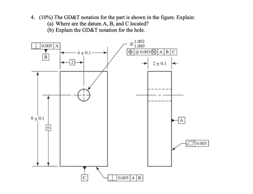 Solved 4. (10%) The GD&T notation for the part is shown in | Chegg.com