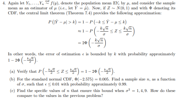 Solved 4. Again let Y1,...,Y, f(y), denote the population | Chegg.com