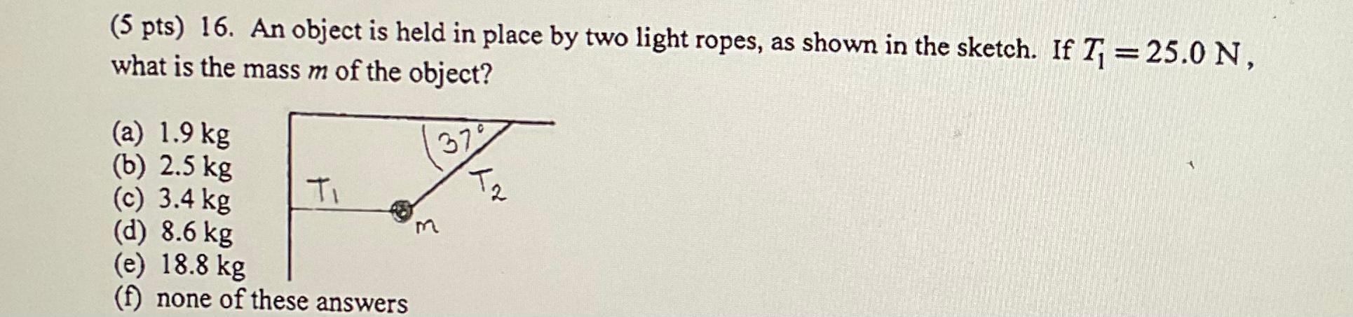 Solved (5 pts) 16. An object is held in place by two light | Chegg.com