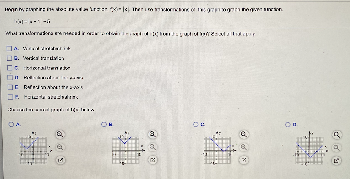 Solved Begin by graphing the absolute value function, f(x) = | Chegg.com