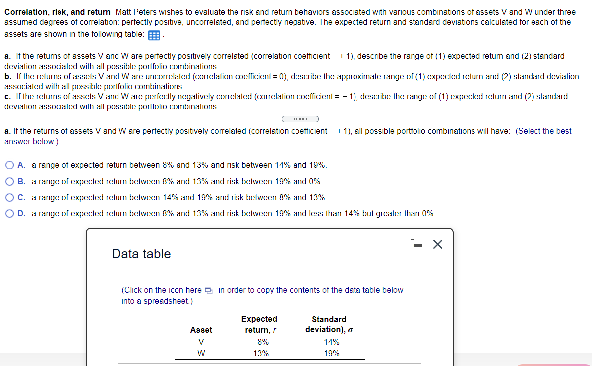 Solved Correlation, risk, and return Matt Peters wishes to | Chegg.com