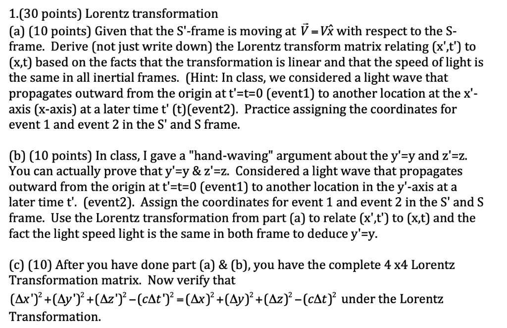 Solved 1.(30 points) Lorentz transformation (a) (10 points) | Chegg.com