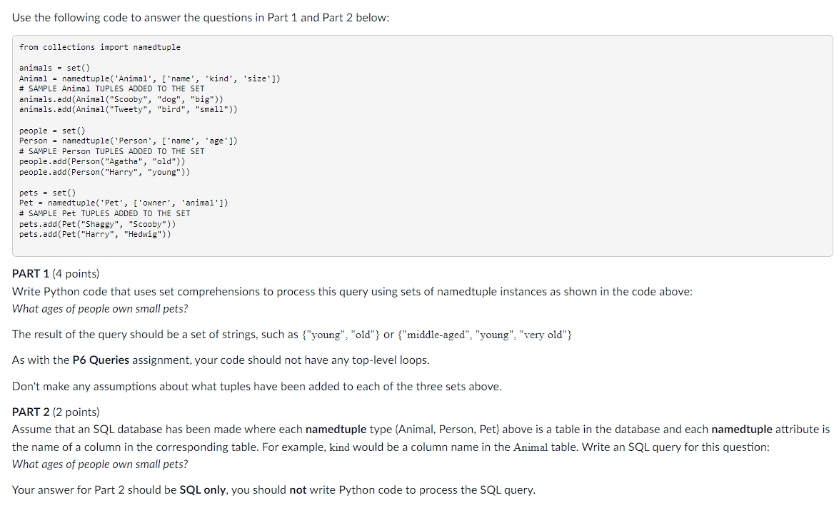 Solved from collections import namedtuple animals = set() | Chegg.com