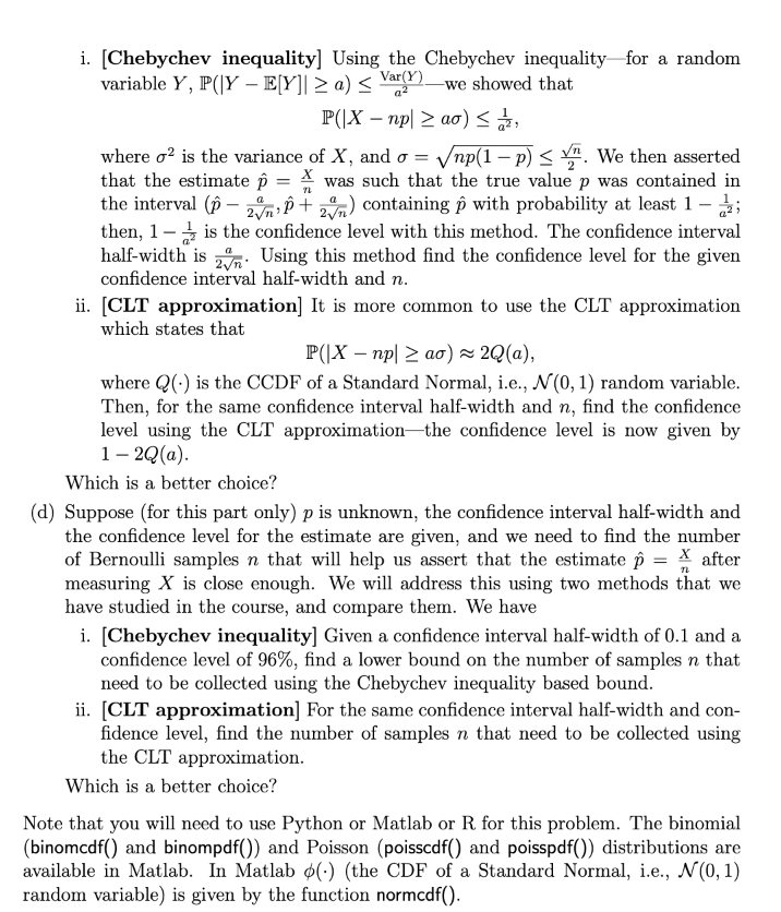 Solved i. [Chebychev inequality] Using the Chebychev | Chegg.com
