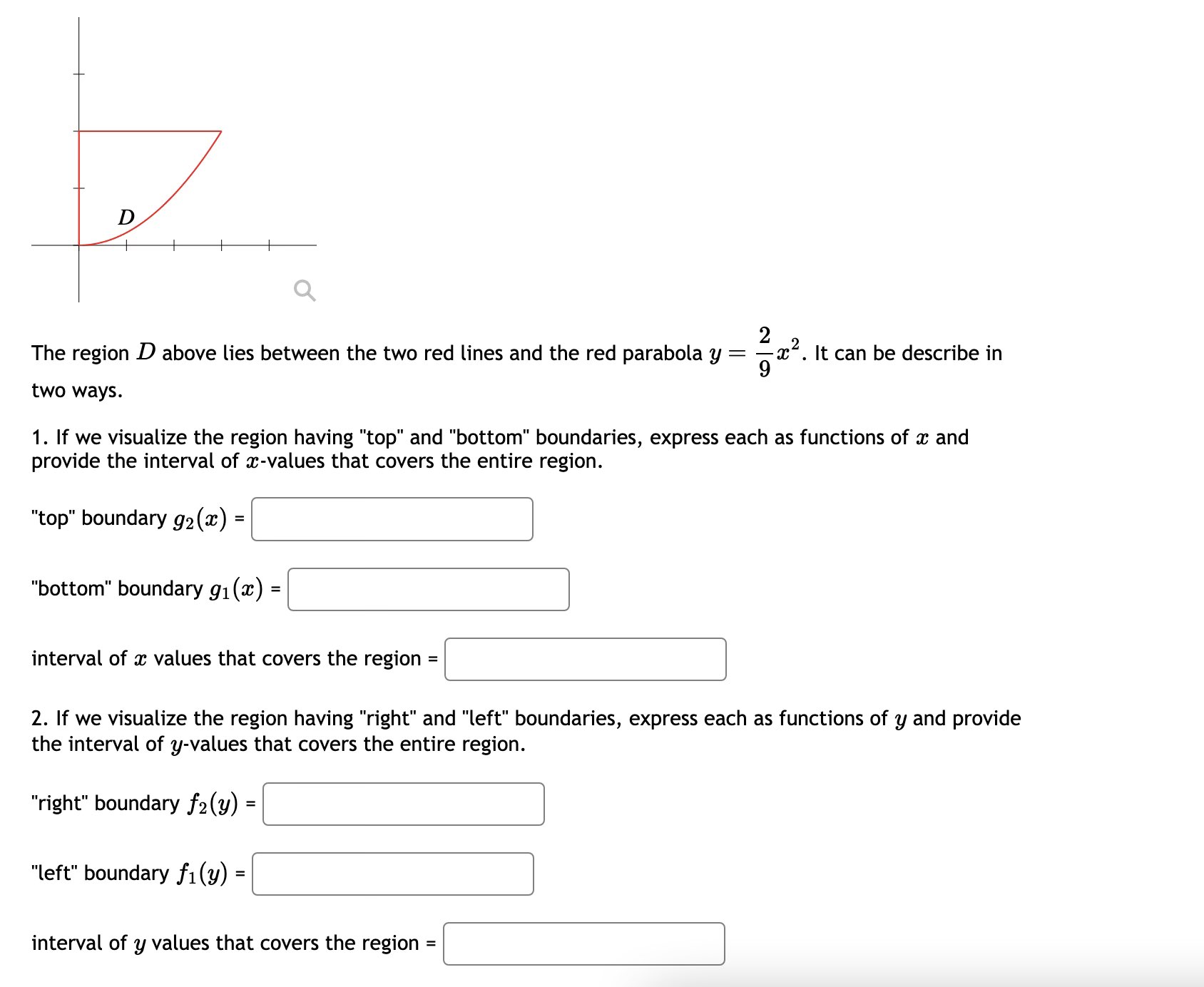 Solved The region D above lies between the two red lines and | Chegg.com