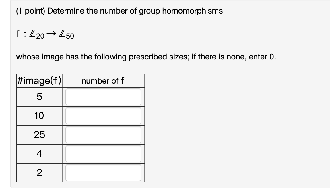Solved (1 point) Determine the number of group homomorphisms | Chegg.com