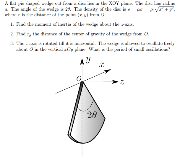 Solved A flat pie shaped wedge cut from a disc lies in the | Chegg.com