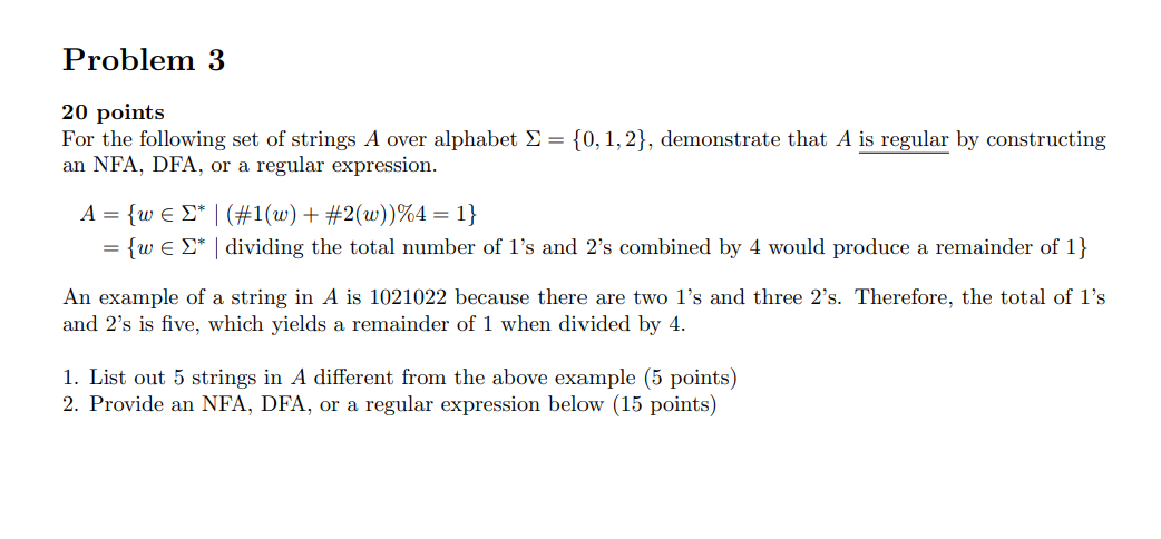 Solved 20 points For the following set of strings A over | Chegg.com