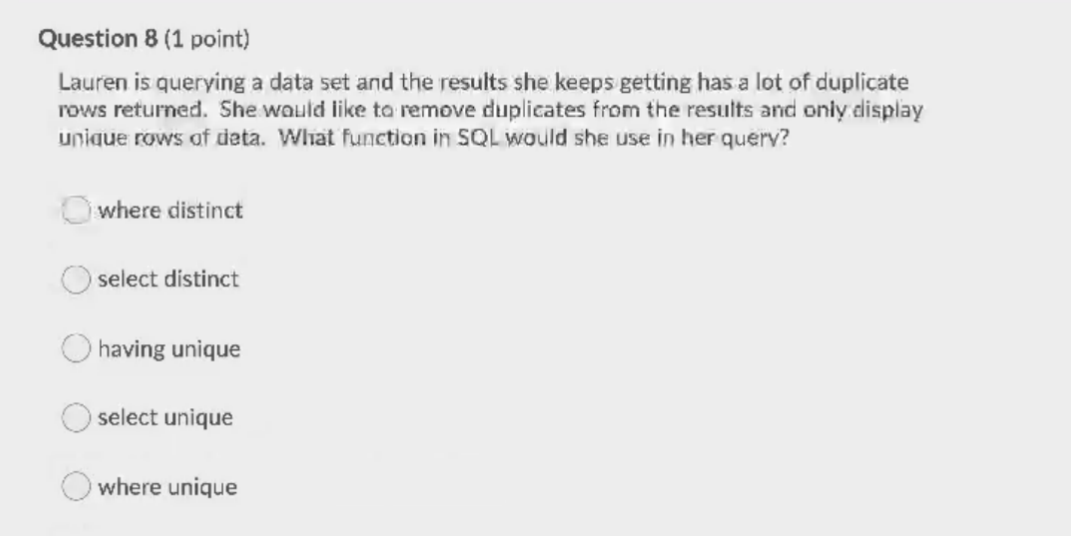 Solved Question 8 (1 point) Lauren is querying a data set | Chegg.com