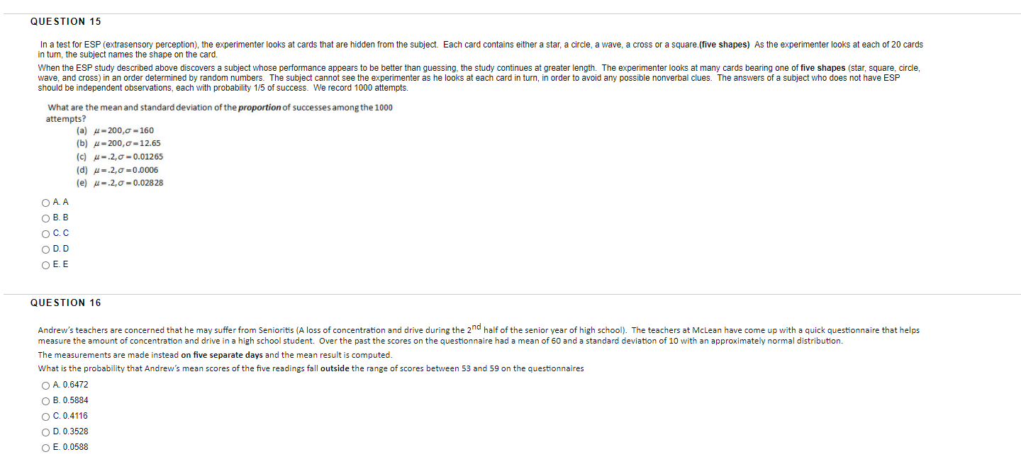 Solved QUESTION 15 In a test for ESP (extrasensory | Chegg.com