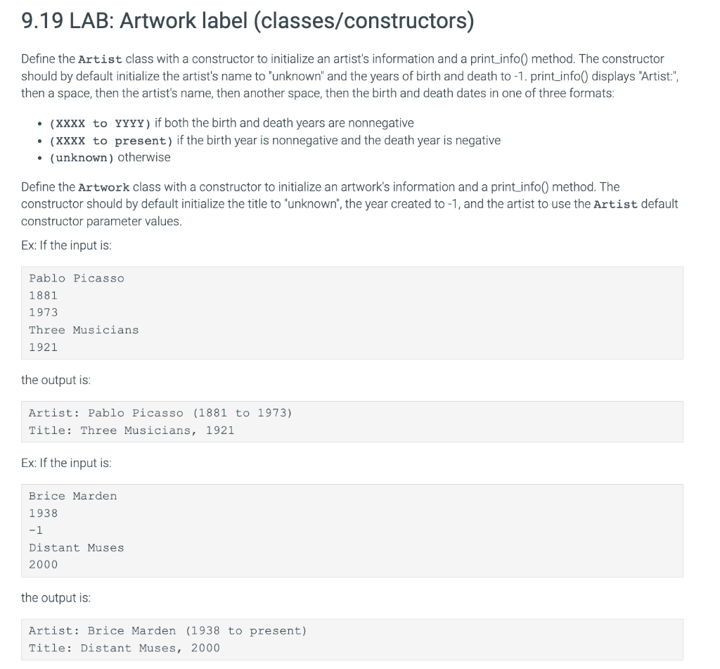 Solved Define the Artist class with a constructor to | Chegg.com