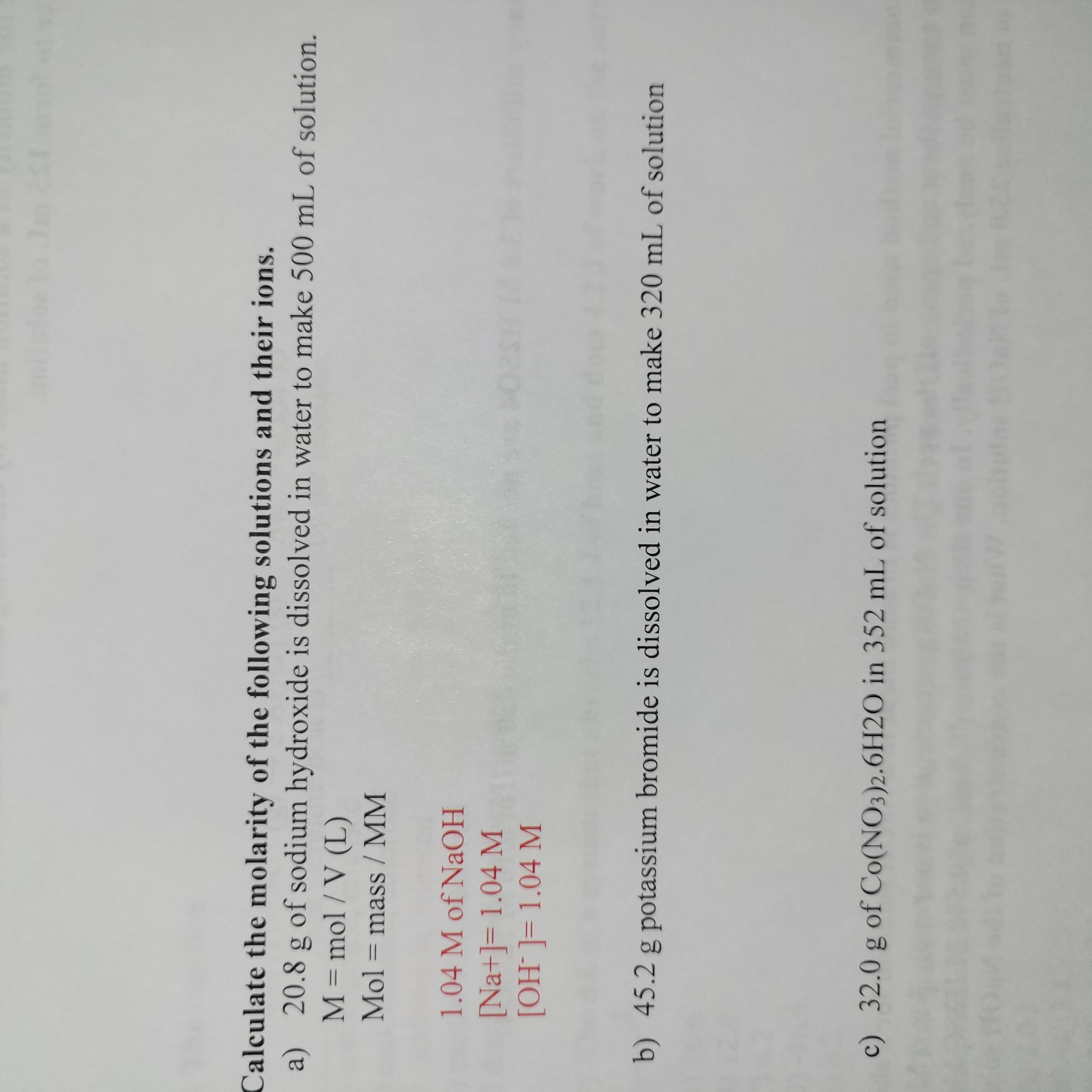 Solved Calculate the molarity of the following solutions and | Chegg.com